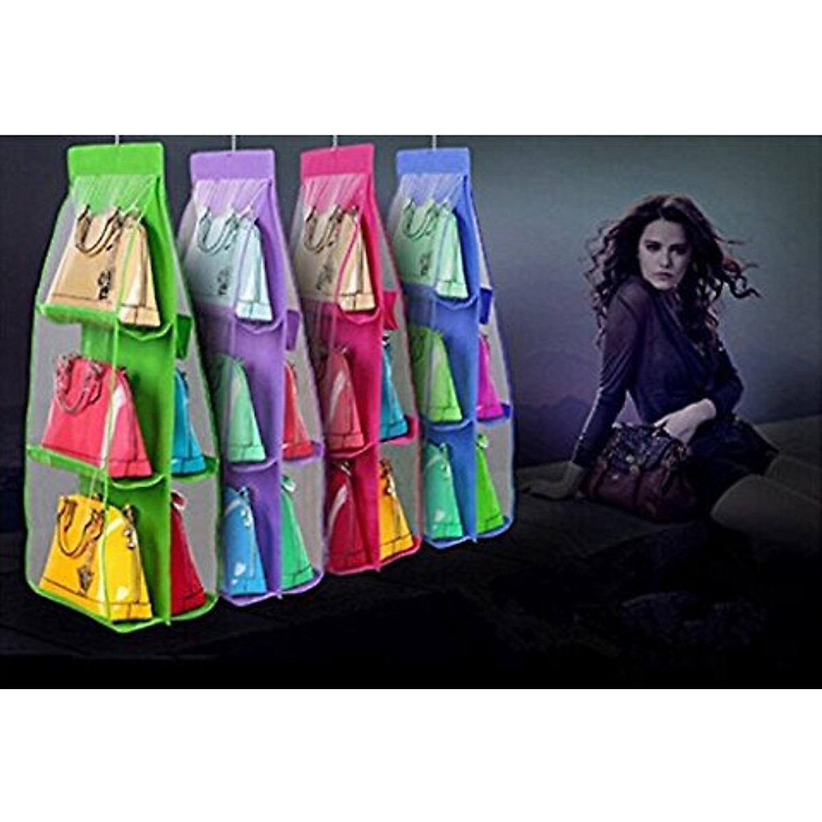 Greenery 6 Pockets Hanging Closet Organizer Clear Easy Accees Anti-dust Cover Handbag Purse Holder Storage Bag Collection Shoes Clothes Space Saver Bag with a Hanging Hook (Black)