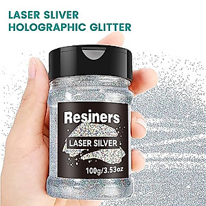 Resiners Holographic Ultra Fine Glitter Powder - 3.53oz/100g, 1/128" Metallic Epoxy Resin Glitter Sequins Flakes for Tumblers,Slime, Nails, Paint, Art Crafts - Laser Silver