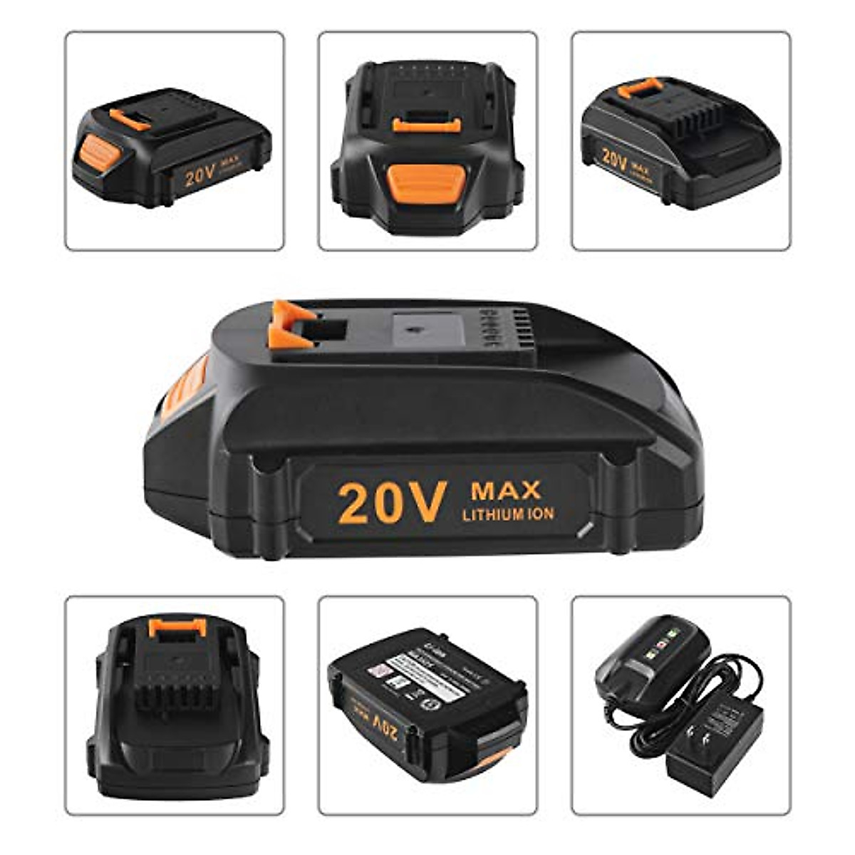 Cell9102 Replacement Worx 20V Battery and Charger Starter Kit， WA3520 Lithium Battery and Charger WA3742 Compatible with Worx 20-Volt Cordless Power Tools