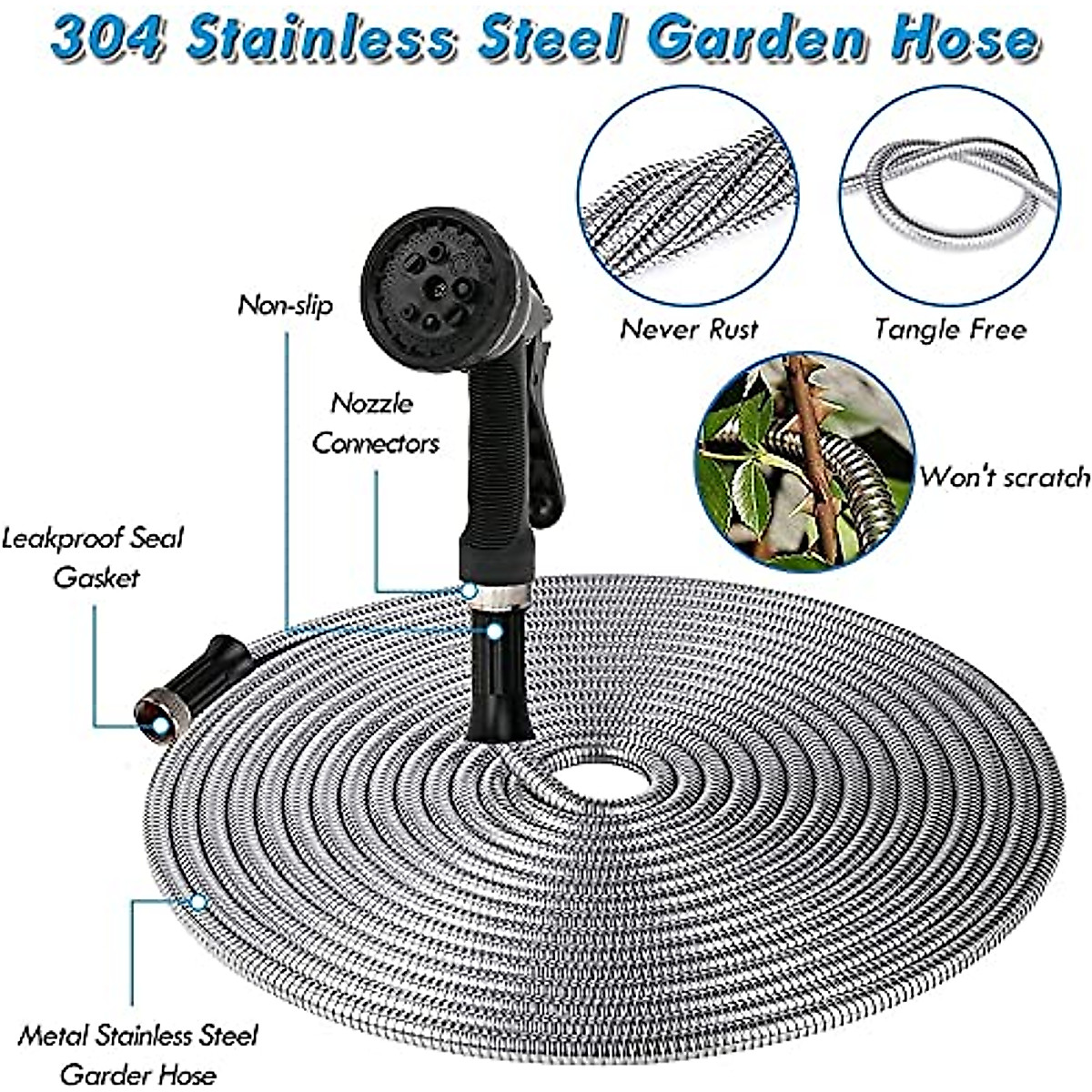 Flantor Garden Hose 304 Stainless Steel Water Hose, 75ft Heavy Duty Metal Garden Hose Expandable Leak and Fray Resistant Design Garden Hose with 8-Pattern Spray Nozzle Collapsible Hose (75ft)