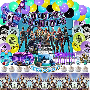 Video Game Party Supplies, Party Decorations for Boys Include Birthday Banner, Balloons, Backdrop, Tableware, Napkins, Foil Balloon, Chocolate Stickers and Bottle Labels
