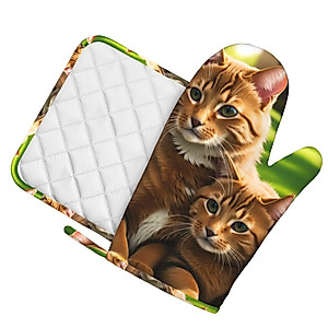 Four Cats Silicone Oven Mitts Pot Holder Sets 2pcs Cute Design Washable Non Slip Kitchen Heat Resistant Mat Women's Cooking Gloves for Baking and BBQ Wear