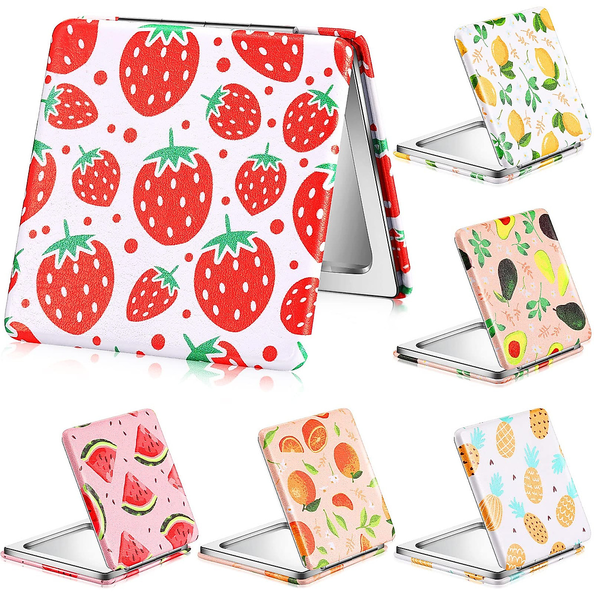 Vicenpal Compact Mirrors Small Pocket Mirror Fruit Design Mini Magnifying Portable Makeup Compact Mirror Pu Leather Double Sided Pocket Mirror for Women Girls Mother Kids Gift (6 Pcs)