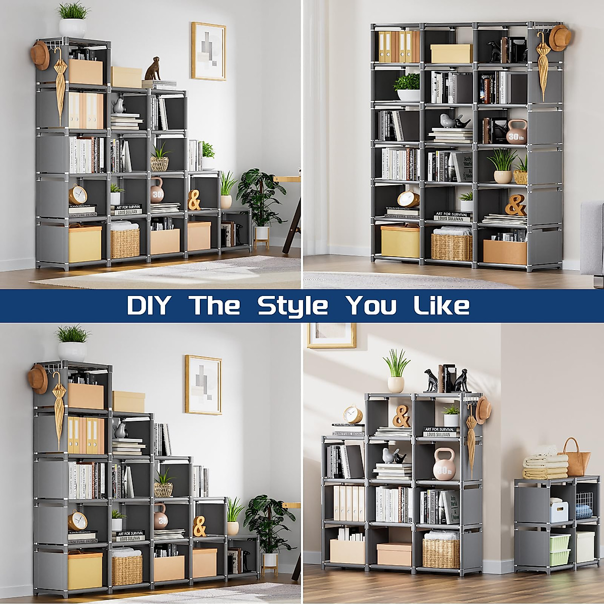 Mavivegue Bookshelf,18 Cube Storage Organizer,Extra Large Book Shelf Organizer,Tall Bookcase Shelf,Book Cases/Shelves,Grey Cube Shelf,Cubbies Closet Shelves for Bedroom,Living Room,Home,Office