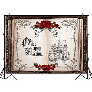 Mocsicka Once Upon a Time Backdrop Princess Castle Wedding Party Background Fairytale Book Red Roses Bridal Shower Party Cake Table Decoration Photo Booth Props (7x5ft)