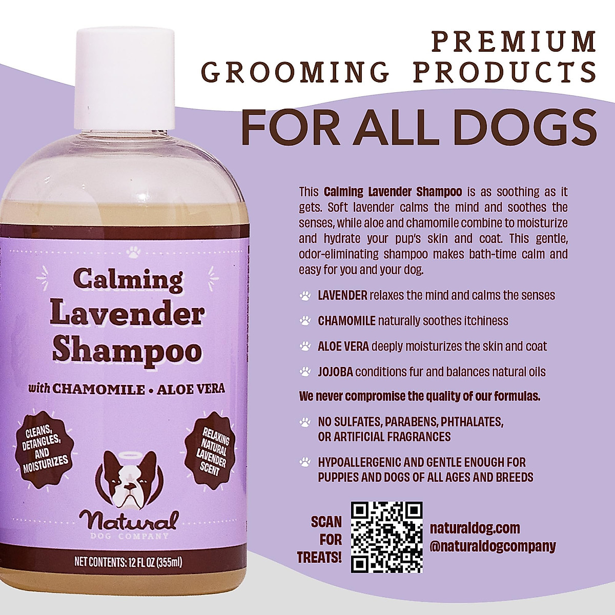 Natural Dog Company Calming Lavender Shampoo for Dogs - Hypoallergenic, Deodorizing Dog Shampoo for Sensitive Skin, All Natural, Organic Pet Shampoo, Soothes with Chamomile and Lavender, 12 oz