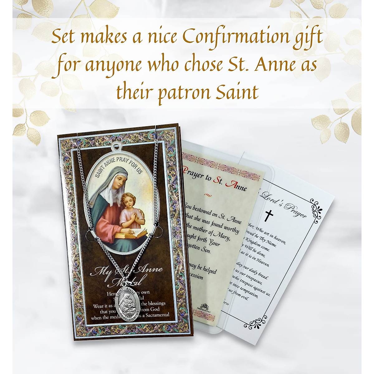 Saint Anne Medallion with St Anne Prayer Card, Lord's Prayer Card | St Anne Medal Necklace Jewelry | Catholic Patron Saint Of Unmarried Women, Mothers, Grandmothers Themed Set, Total 3 Items