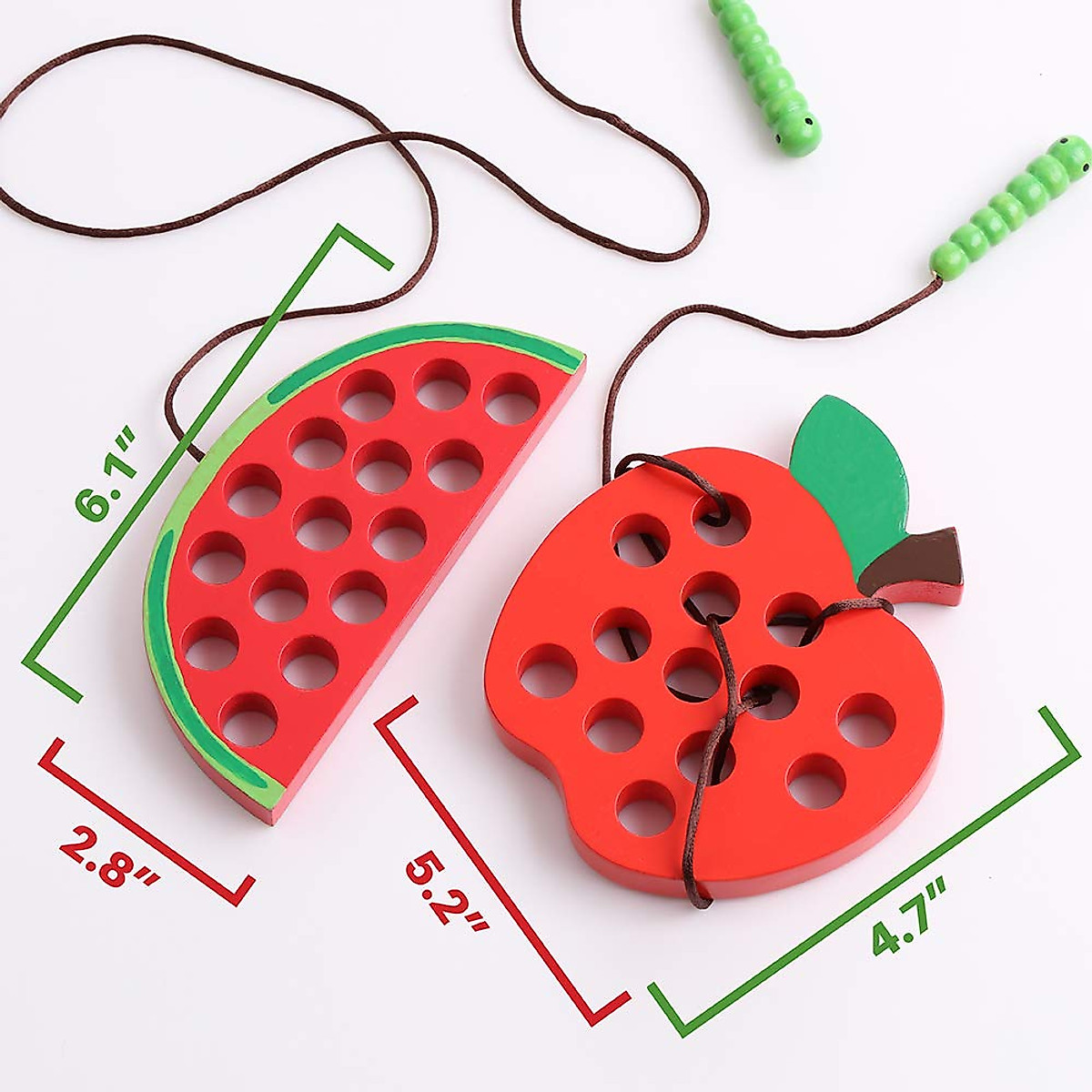 KLT Lacing Toy for Toddlers, Wooden Threading Toys, 1 Apple and 1 Watermelon with Bag, Educational and Learning Montessori Activity for Baby and Kids, Great Car and Plane Puzzle Travel Games