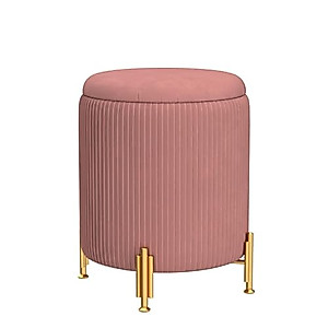 Mxfurhawa Round Ottoman Foot Stool with Storage and Metal Legs for Living Room Bedroom, Velvet Upholstered Footrest Stool Support 300lbs Modern Padded Seat Ottoman Coffee Table (Dusty Rose)