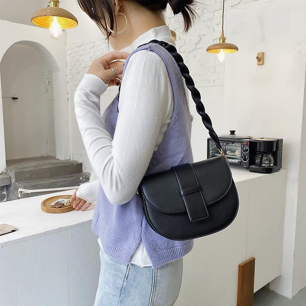 YXBQueen Black Bags for Women Purses and Handbags PU Leather Crossover Bag Over the Shoulder Bags, Black Saddle Bags