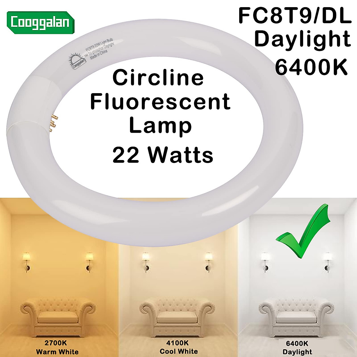 COOGGALAN 8 inch T9 22 Watts Round Light Bulbs FC8T9/DX Circular Fluorescent Light Bulb, FC8T9/DL 22W Circline Bulb, Daylight 6400K, G10q 4 Pin Prong Base, 2 Pack