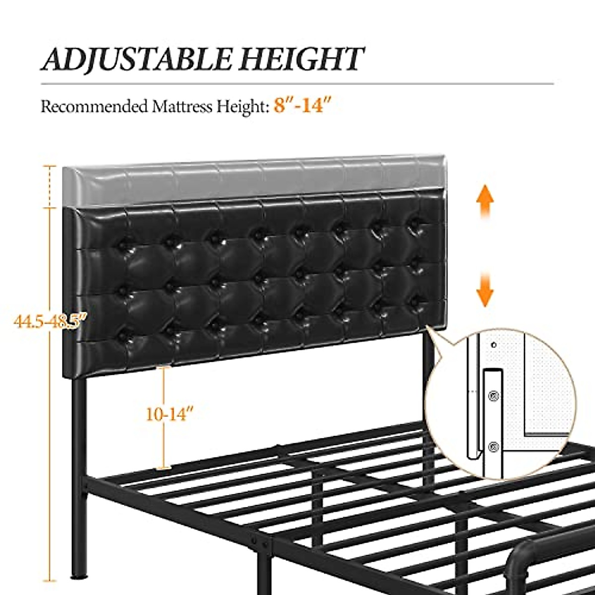 Yaheetech Queen Size Bed Frame, Metal Platform Bed with Faux Leather Height-Adjustable Headboard/12 Inch Underbed Storage/Noise Free/No Box Spring Needed/Industrial Pipe Foot End, Elegant Black