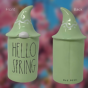 RAE Dunn Green Garden Mint Scented Candle "Hello Spring" Spelled with Rae Dunn Style Using LL Font - Super Cute Gnome Hat Lid - Add This Candle to Your Rae Dunn Collection and Home Kitchen Décor