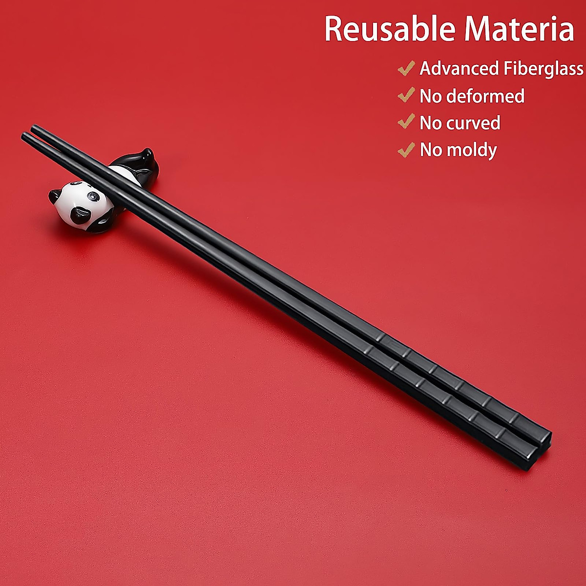 Chopsticks Reusable Panda Gifts With Cute Chopstick Rest & Chopsticks Dishwasher Safe Anniversary Gift for Couple (2PC Red-Black)