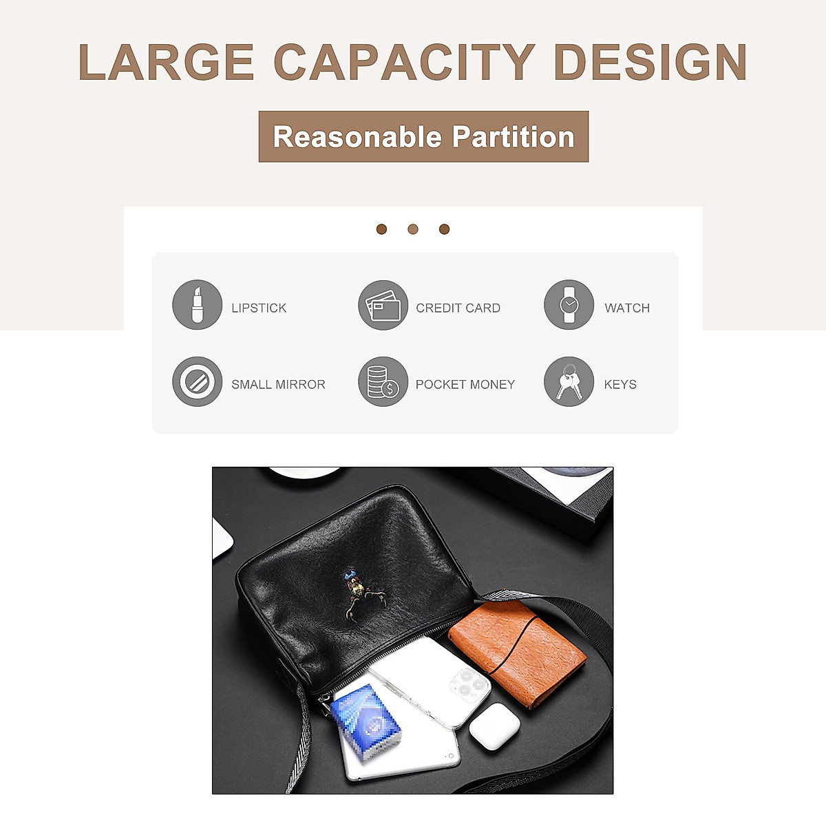 Men's Genuine Leather Satchel Bag Business Work Crossbody Bags Casual Small Shoulder Bag with Adjustable Straps (Black)