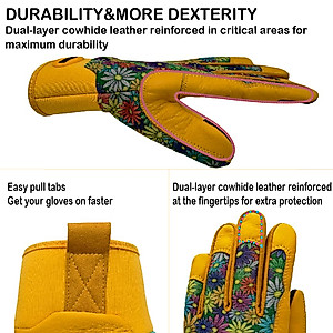 MSUPSAV Women Gardening Gloves with Touchscreen,Garden Gloves for Women,Cowhide Leather Work Gloves for Women,Gardening Gfits,Colorful flowers,Large