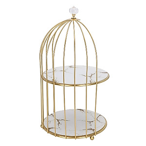 Double Layer Storage Shelf, Glass Bottom Plate Wear Gold Frame Bird Cage Organizer Rack for Bathroom Countertop (White Base Gold Pattern)