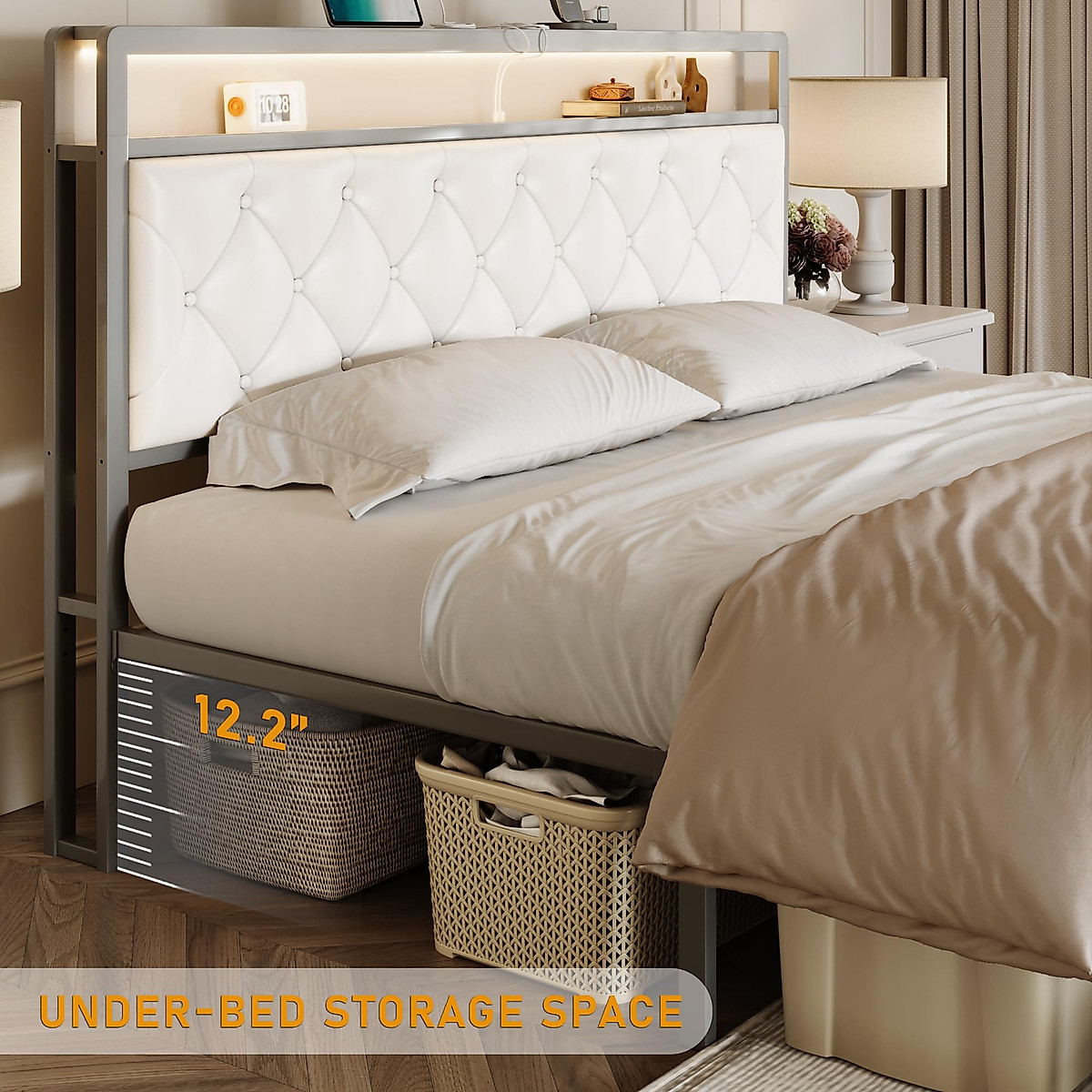 QPLZF Full Size Bed Frame with 2 Storage Drawers, Upholstered Full Bed Frame with LED Lights Headboard and Charging Station, No Box Spring Needed, Easy Assembly- Dark Grey