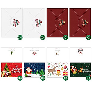 POWER UNICO FLOWER 16 pcs Christmas Greeting Cards with Envelopes - Xmas Note Cards with Four Festive Designs - Christmas Deacration Party Favors 4*6in (4x6in, 167)