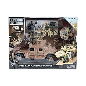 Sunny Days Entertainment M1114 Up-Armored Humvee – Vehicle Playset with Action Figure and Realistic Accessories | 9 Piece Military Toy Set for Kids – Elite Force