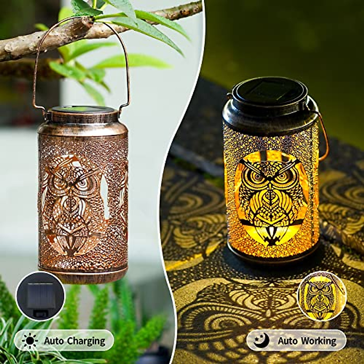 Solar Metal Outdoor Lanterns Hanging Solar Owl Lights Waterproof Solar Powered Garden Decor LED Outside Yard Patio Decorations