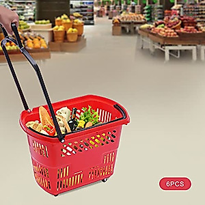 Bacacoo Plastic Shopping Carts, 6 Trolley Rolling Shopping Baskets, 35l Shopping Trolley With Handles, Portable Shopping Basket Set In Supermarkets And Retail Stores (Red)