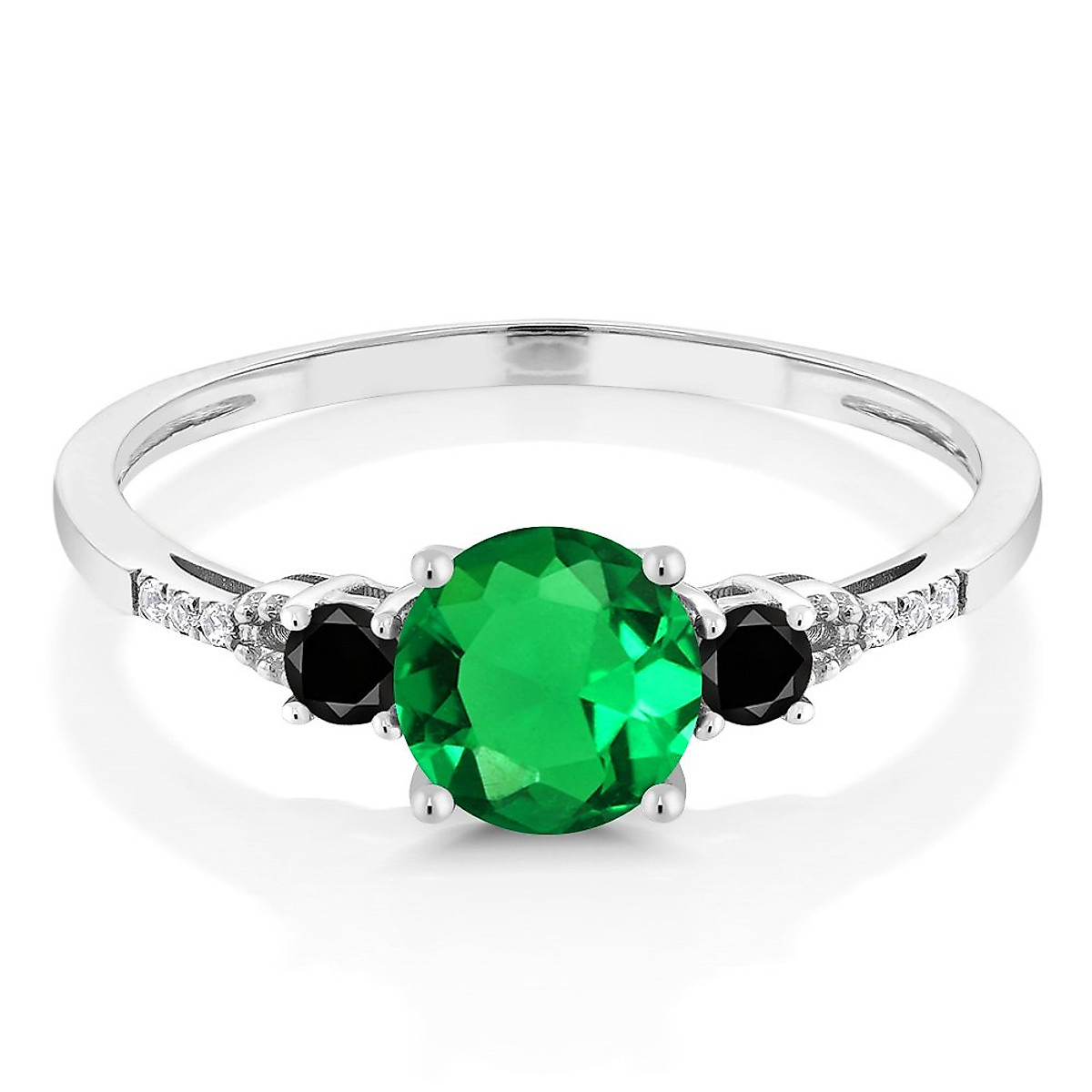 Gem Stone King 10K White Gold Green Nano Emerald Black Diamond and White Diamond Accent 3-Stone Engagement Ring For Women (0.95 Cttw, Round 6MM, Gemstone May Birthstone, Size 6)