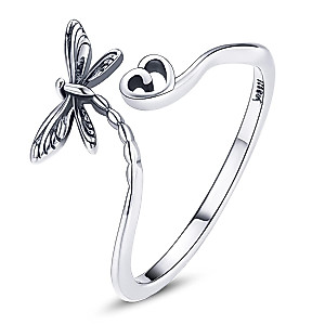 Dragonfly Wrap Finger Rings Sterling Silver 925 Adjustable Vintage Retro Cute Insect with Heart Open Statement Ring Engagement Wedding Eterntiy Ring Fashion Jewelry Gifts for Women Christmas Day