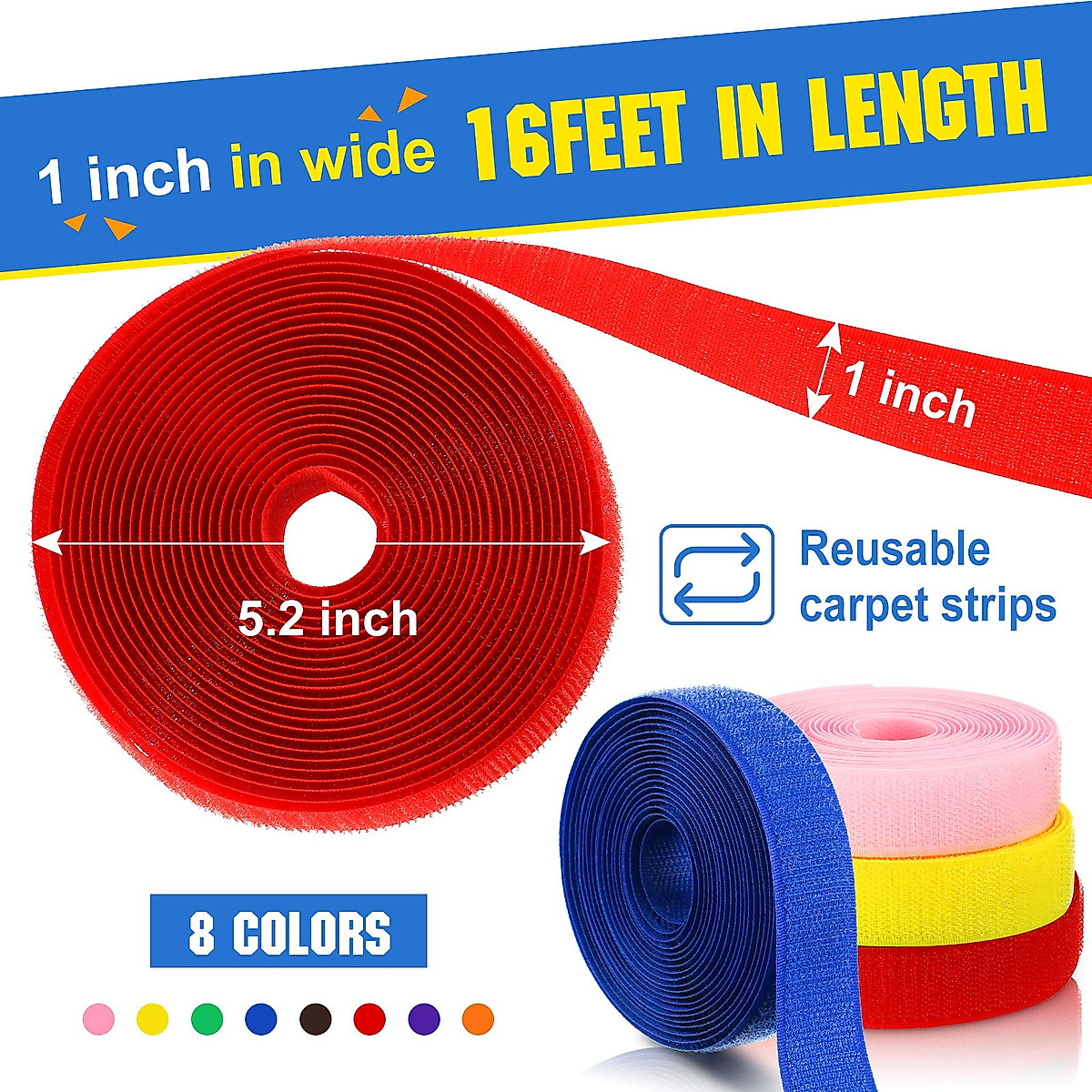 Chuangdi 8 Rolls Carpet Marker Strips Carpet Nylon Carpet Strips for Classroom, Teachers, Office, Social Distance, 8 Colors(131 Feet)