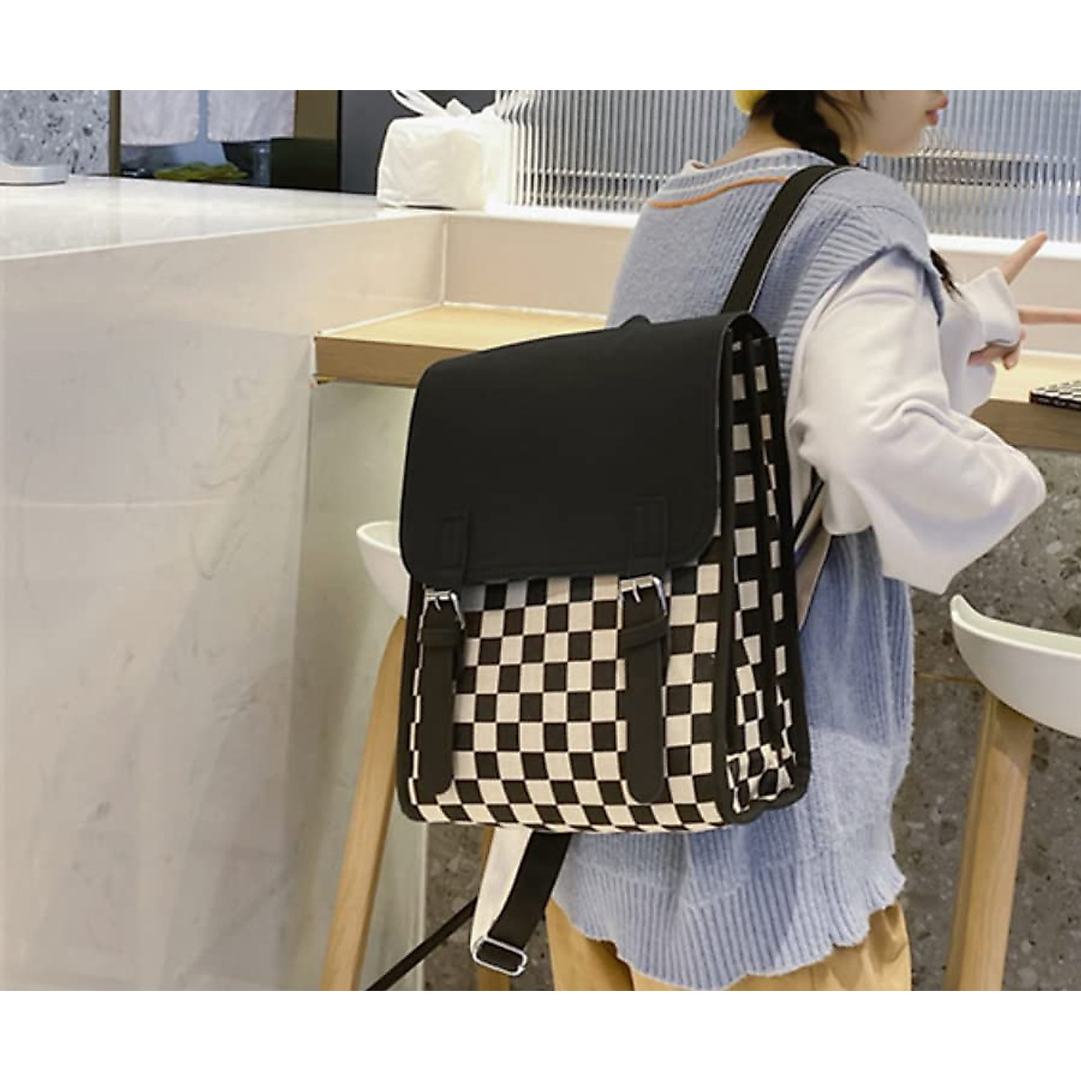 Dark Academia Aesthetic Backpack for School Alt Emo Grunge Book Bag Vintage Checkered Preppy Backpack for Women Teen Girls (One Size,Black)