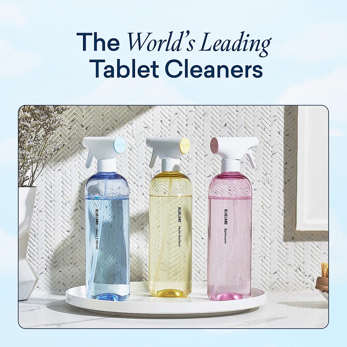 BLUELAND Bathroom Cleaning Spray Bottle with 4 Refill Tablets | Eco Friendly Products & Cleaning Supplies - Eucalyptus Mint Scent | Makes 4 x 24 Fl oz bottles (96 Fl oz total)