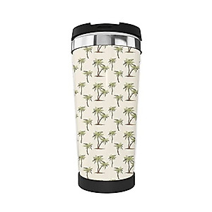 Hawaii Travel Coffee Mug Spill Proof 13oz, Trees Pattern with Hand Drawn Tropical Palms Insulated Coffee Mug to Go, Thermo Hot Coffee Tumbler, Reusable Coffee Travel Mug with Seal Lid,Blue