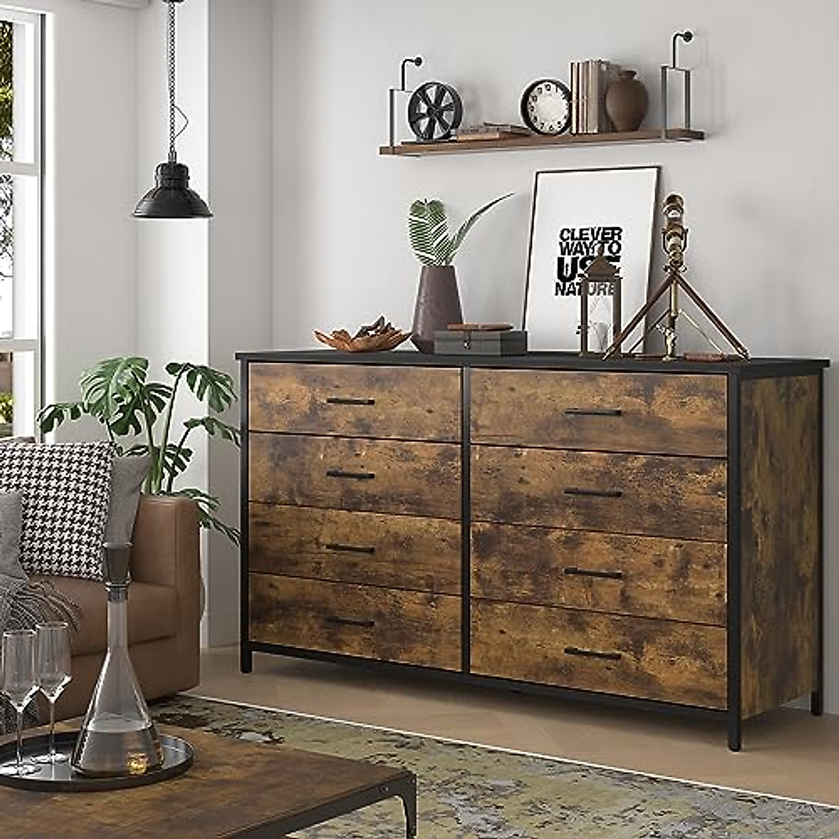 IKENO 8 Drawer Dresser, Industrial Wood Storage Dressers & Chests of Drawers with Sturdy Steel Frame, Storage Dresser for Bedroom Wood (Rustic Brown)