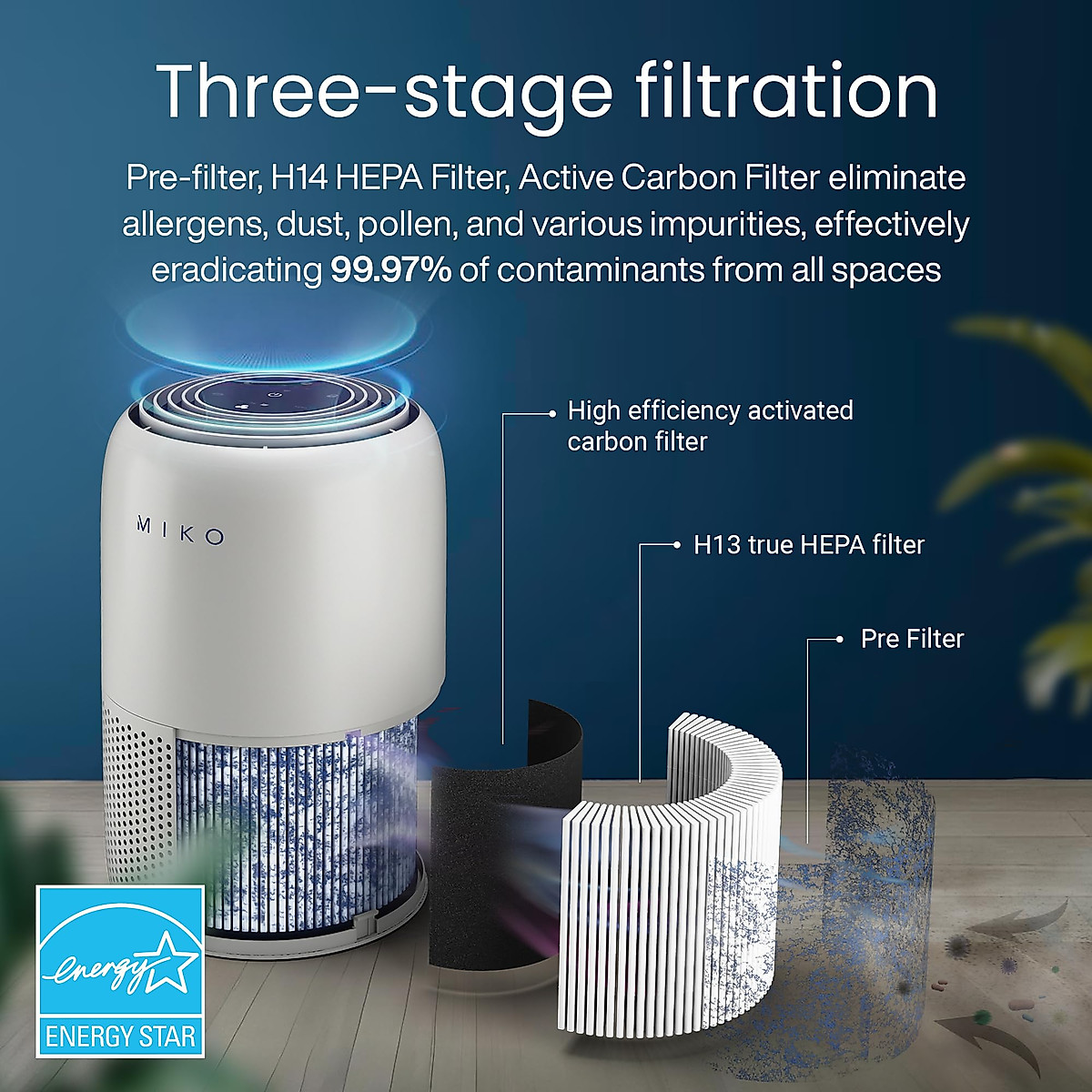 MIKO Air Purifier for Bedroom with 3-in-1 HEPA Filter & Sleep Mode, Whisper Quiet, Covers Up to 1200 ft, Smart Wi-Fi App Control - Removes Smoke, Allergens, Pets Hair, Dust, Odors, Pollutants