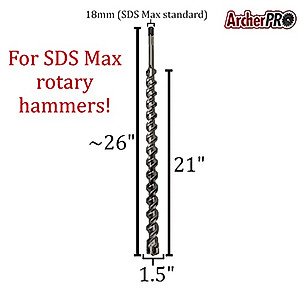 ArcherPRO 1-1/2” x 21" Inch SDS Max Drill Bit for Fast Concrete and Rock Drilling. SDS Max Rotary Hammer Drill bits with Carbide tip for Concrete and Stone. Perfect for use with Dexpan.