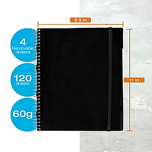 Confetti Spiral Notebook - Hole Punched - 4 Removable Dividers, Spill Proof Cover, Closing Elastic Band, Storage Pocket - Sturdy Bound Notepad, School & Office Supplies - 120 Sheets - Black