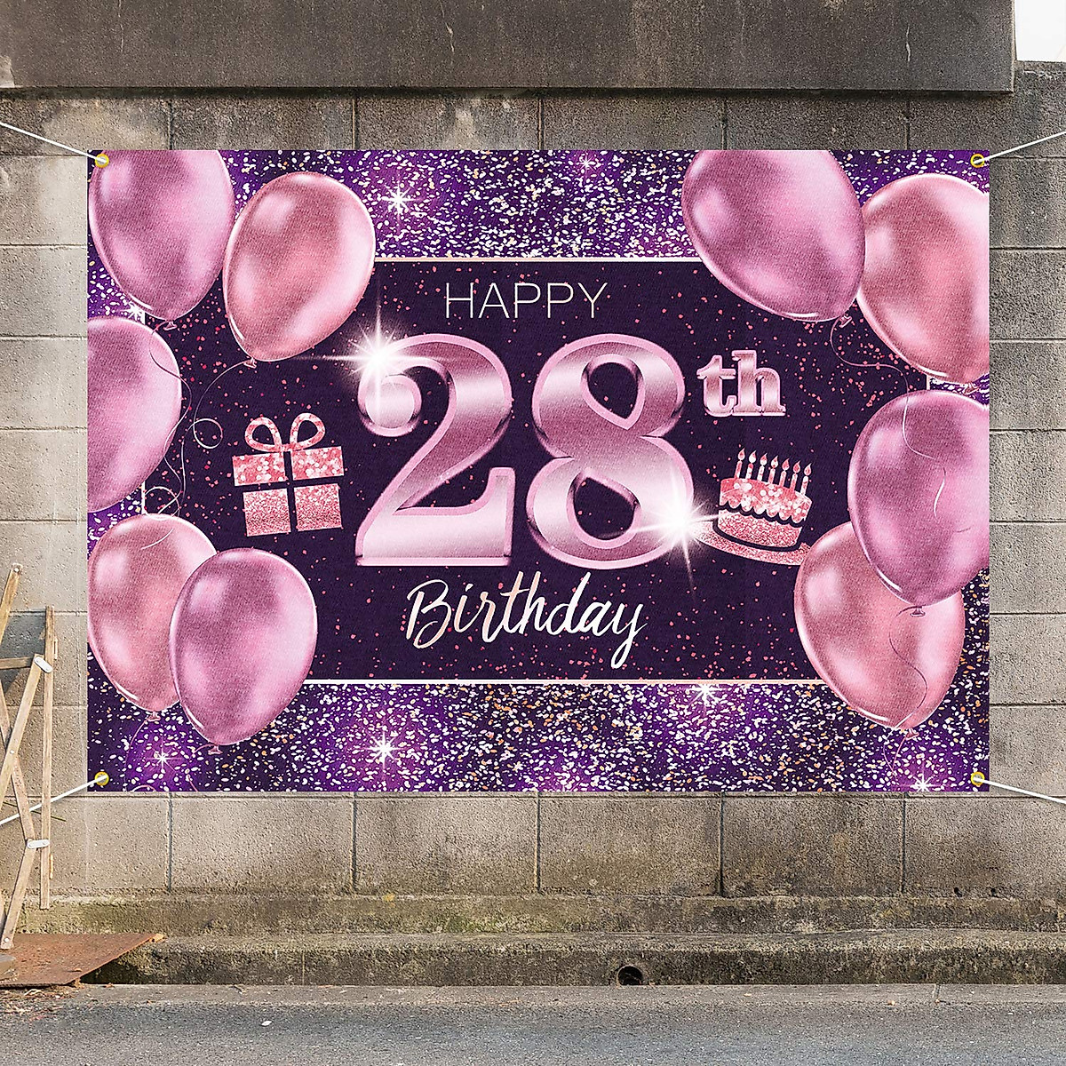 PAKBOOM Happy 28th Birthday Banner Backdrop - 28 Birthday Party Decorations Supplies for Women - Pink Purple Gold 4 x 6ft
