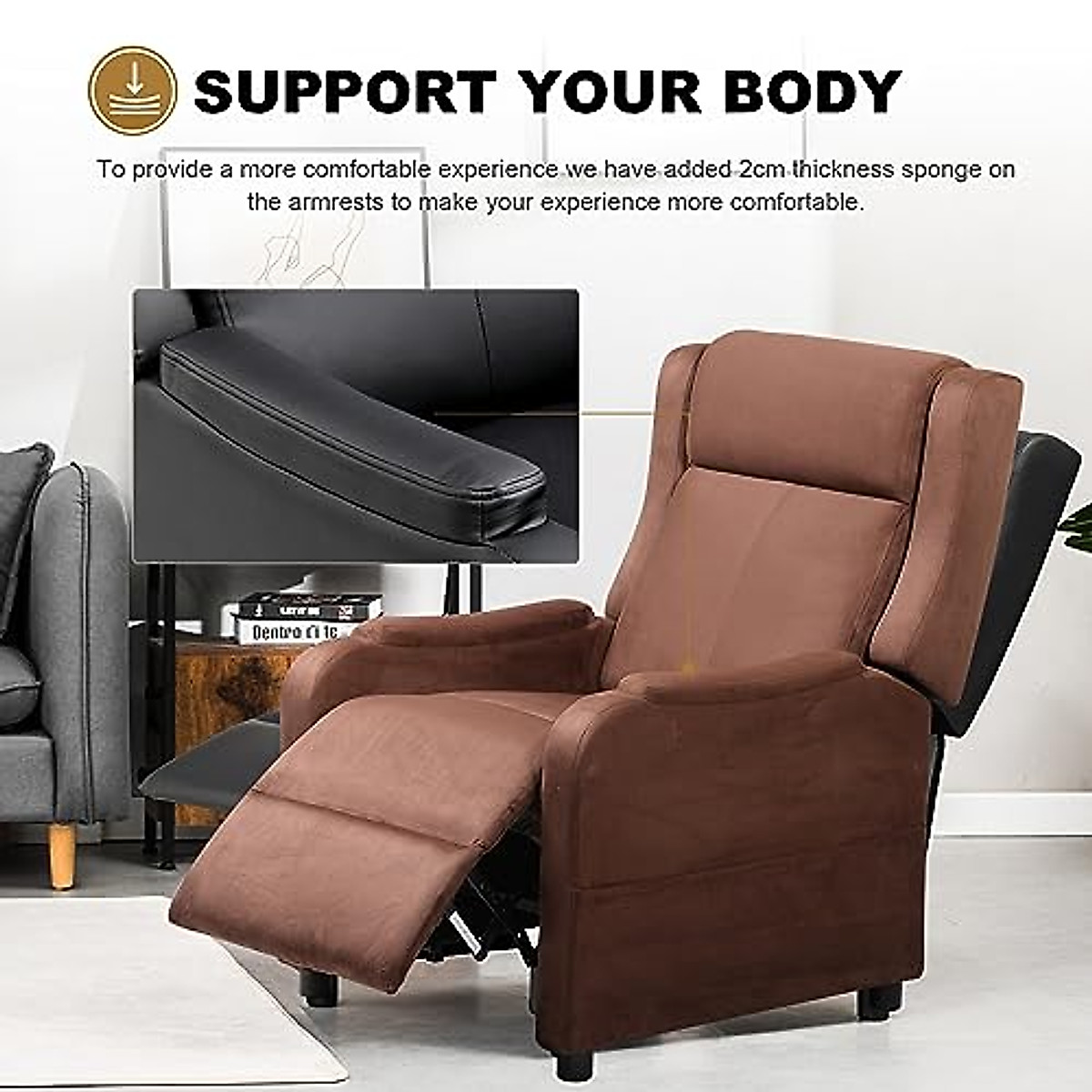 COMHOMA Recliner Chair for Living Room, Modern Fabric Adjustable Massage Recliner Chair, Single Sofa Seat with Upholstered Handrail Living Room Chair (Brown)