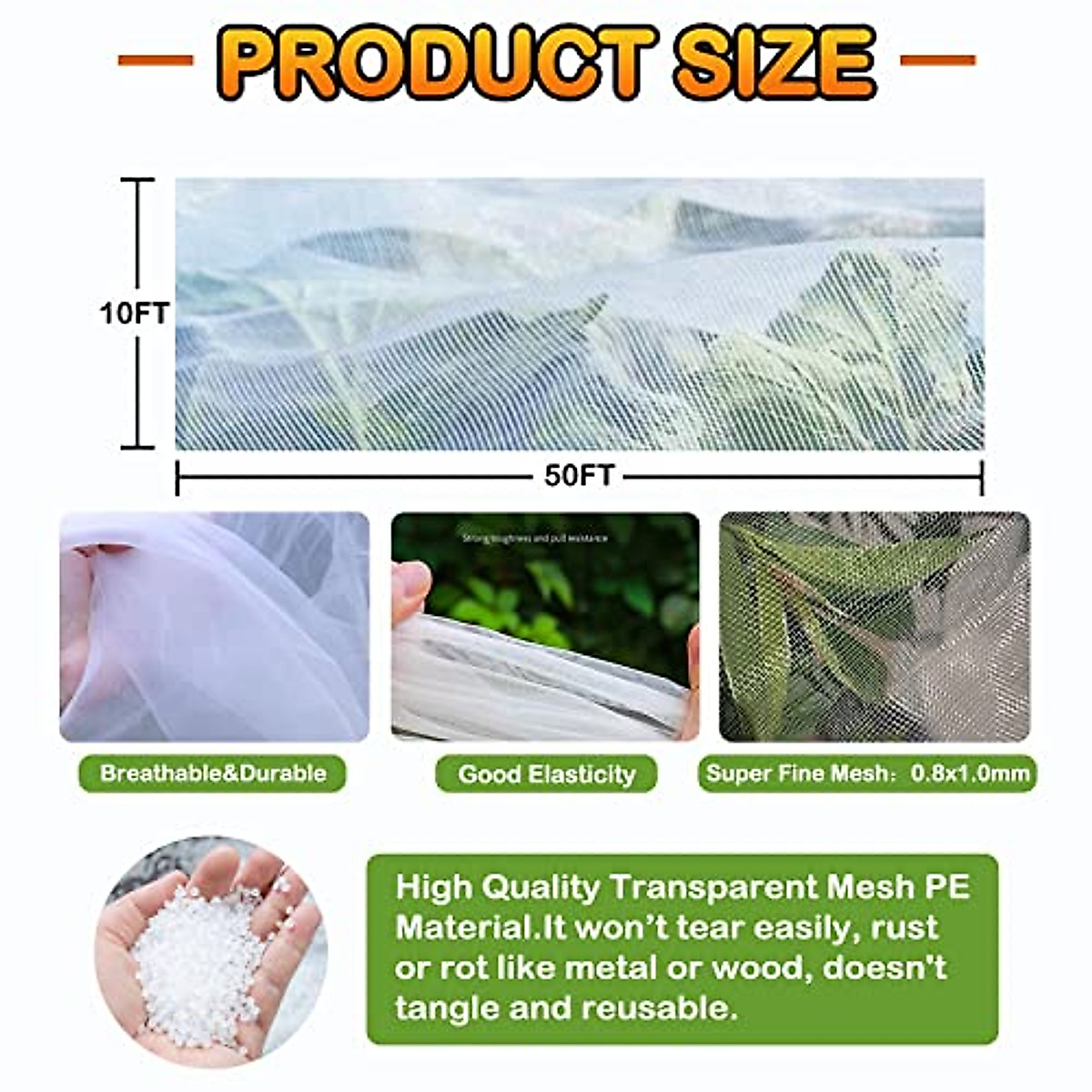 10x50FT Garden Netting,Fine Garden Mesh Netting Pest Barrier Bird Netting Mosquito Net Garden Bed Row Cover Nylon Net Fabric for Vegetables Plants Fruit Trees Flowers (10x50FT)