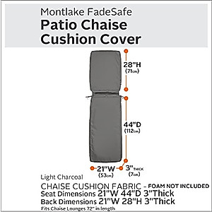 Classic Accessories Montlake FadeSafe Water-Resistant 72 x 21 x 3 Inch Outdoor Chaise Lounge Cushion Slip Cover, Patio Furniture Cushion Cover, Light Charcoal Grey, Patio Furniture Cushion Covers
