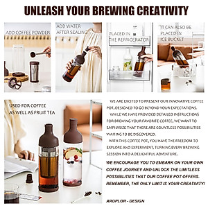 Aroplor Coffee Pot Cold Brew Maker 1000mL Iced Coffee Maker and Fruit Juice Drink Tea Glass Cold Brew Bottle Easy To Clean Reusable Mesh Filter (Brown)