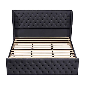 i-POOK King Size Platform Bed Frame, Velvet Upholstered Chesterfield Bed with Deep Button Tufted Wingback Headboard and Footboard, Wood Slats Support, No Box Spring Needed, Black