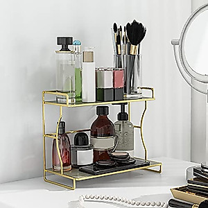ETIGER Makeup Organizer, 2 Tier Bathroom Cosmetic Storage Shelf, Decorative Wire Vanity Organizer Basket with Marbling Glass Tray(White)