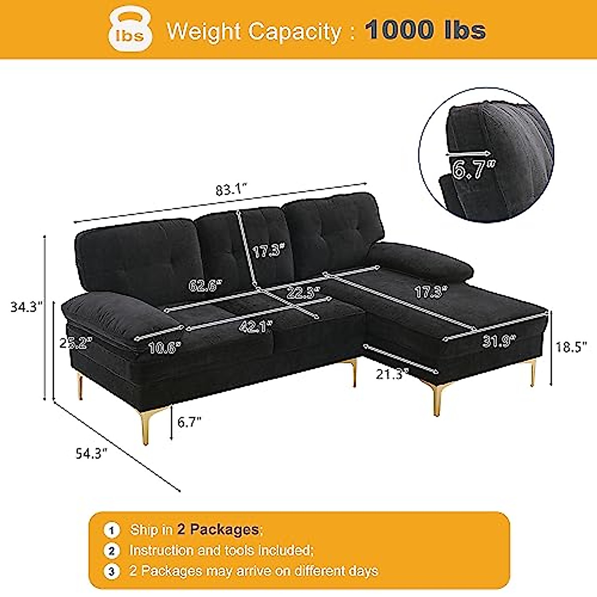 VERYKE L Shape Sectional Sofa Couch,85'' Modern Chenille Fabric Sectional Sofa with Metal Legs and Removable Cover for Living Room