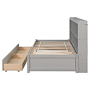 HomSof Twin Bed with Side Bookcase, Drawers,Gray