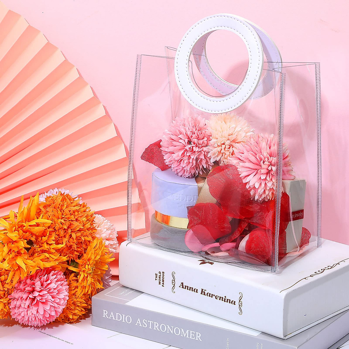 10 Pcs Clear PVC Gift Bags, Transparent PVC Handbag, Heavy Duty Reusable Gift Bags with Handles Clear Plastic Gift Bags Gift Wrap Bags for Bridal Baby Shower Wedding Shopping Bags, 8 x 7 x 4 Inch