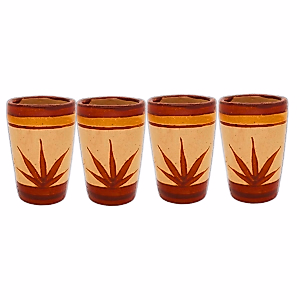 MEXTEQUIL - Tequila Shot Glasses - Set of 4 Terracotta Mexican Shot Glasses - 2 Oz - Natural & Colorful Clay - Barro Canelo & Capulineado - Handcrafted Hand-painted (Agave)