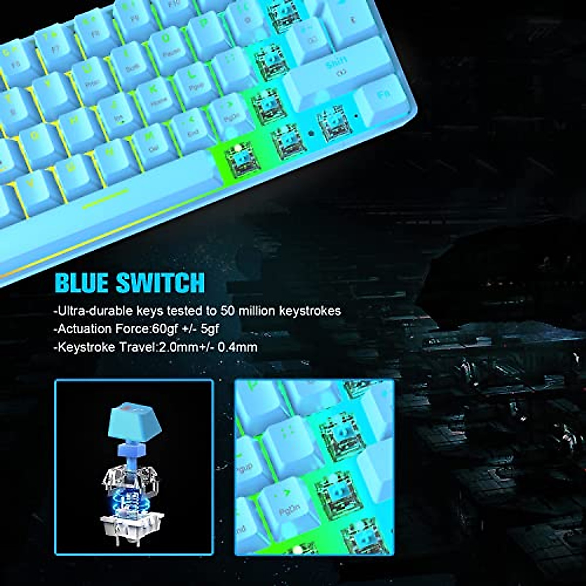 SELORSS ZIYOULANG T60 60% Compact Mechanical Gaming Keyboard RGB Chroma Type C Ergonomic Mini Keyboard UK Layout 12000DPI Gaming Mouse Honeycomb Shell for PC/PS4/PS5/Xbox(Blue Switch)
