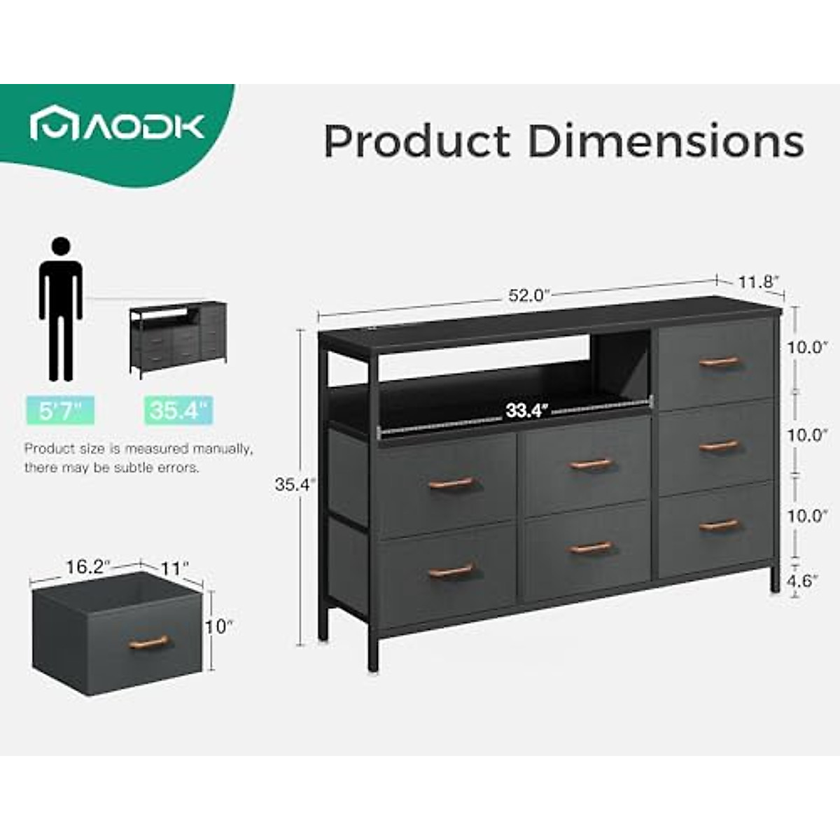 AODK Dresser with Charging Station, 52 Inches Long Dresser for Bedroom with 7 Large Fabric Drawers, Dresser TV Stand with Open Shelves for 55-Inch TV for Living Room, Dark Grey and Black