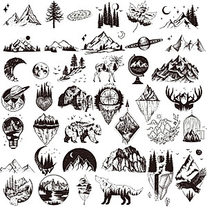 Ooopsiun 30 Sheets Small Black Mountain Planet Temporary Tattoos for Men Women - Unique Realistic Waterproof Forest Triangle Designs Body Art Tattoos for Adults